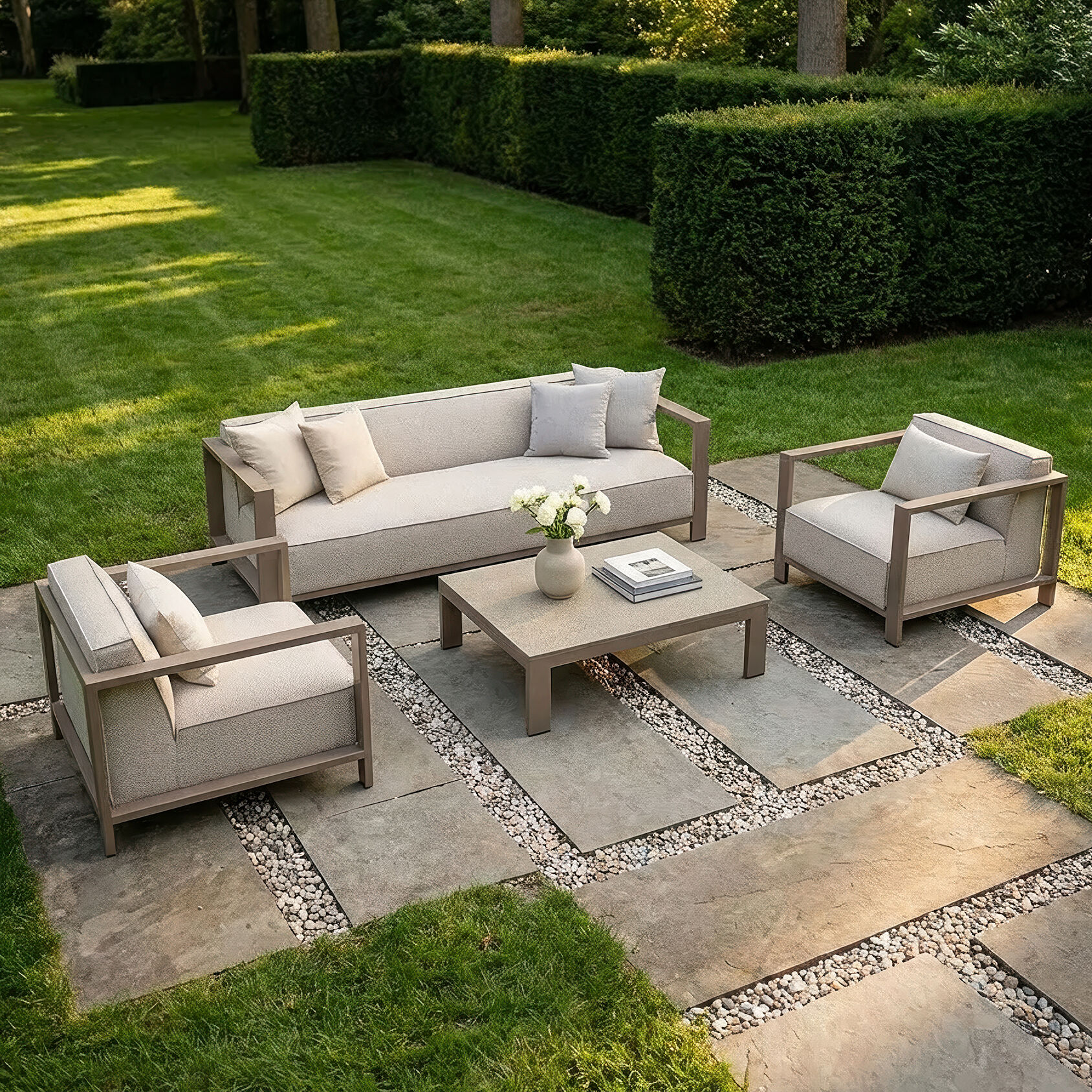 Maze - Outdoor Fabric Round Coffee Table & 3 Footstools - Oatmeal ...